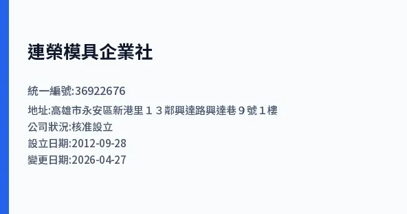 連榮模具企業社的照片-統編 36922676(高雄市) 公司登記資料與營業項目詳細圖表