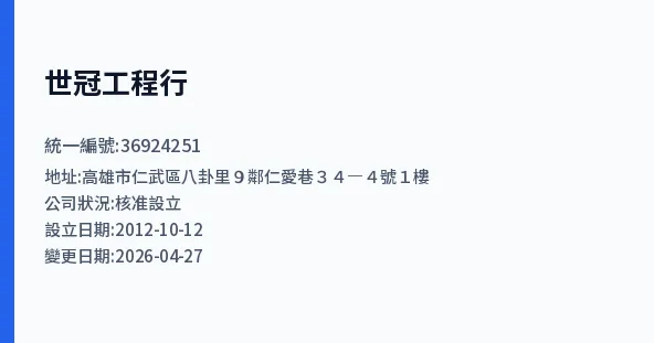 世冠工程行的照片-統編 36924251(高雄市) 公司登記資料與營業項目詳細圖表
