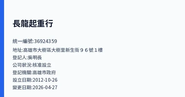 長龍起重行的照片-統編 36924359(高雄市) 公司登記資料與營業項目詳細圖表