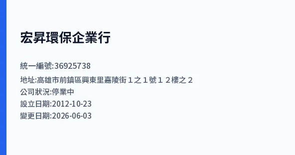 宏昇環保企業行的照片-統編 36925738(高雄市) 公司登記資料與營業項目詳細圖表