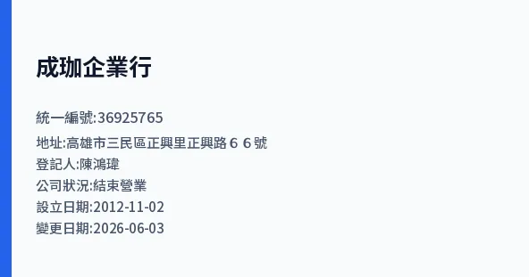 成珈企業行的照片-統編 36925765(高雄市) 公司登記資料與營業項目詳細圖表