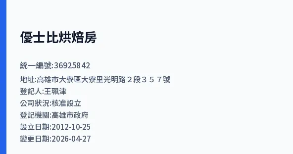 優士比烘焙房的照片-統編 36925842(高雄市) 公司登記資料與營業項目詳細圖表
