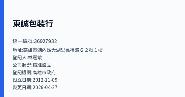 東誠包裝行的照片-統編 36927932(高雄市) 公司登記資料與營業項目詳細圖表