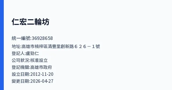 仁宏二輪坊的照片-統編 36928658(高雄市) 公司登記資料與營業項目詳細圖表