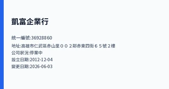 凱富企業行的照片-統編 36928860(高雄市) 公司登記資料與營業項目詳細圖表
