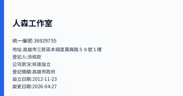 人森工作室的照片-統編 36929755(高雄市) 公司登記資料與營業項目詳細圖表
