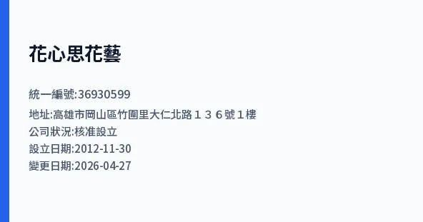 花心思花藝的照片-統編 36930599(高雄市) 公司登記資料與營業項目詳細圖表