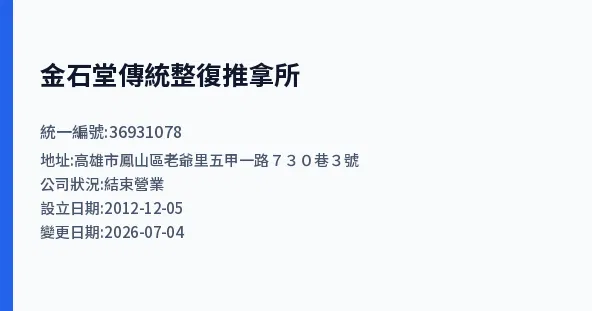 金石堂傳統整復推拿所的照片-統編 36931078(高雄市) 公司登記資料與營業項目詳細圖表