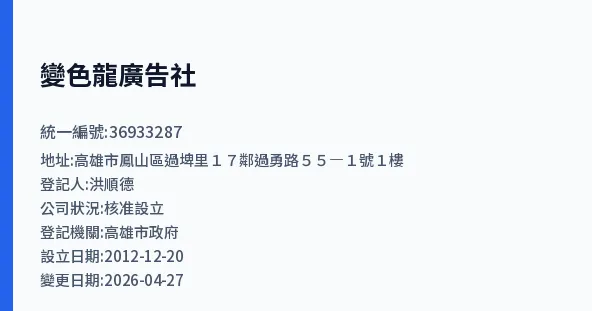 變色龍廣告社的照片-統編 36933287(高雄市) 公司登記資料與營業項目詳細圖表