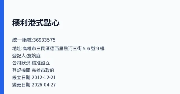 穩利港式點心的照片-統編 36933575(高雄市) 公司登記資料與營業項目詳細圖表