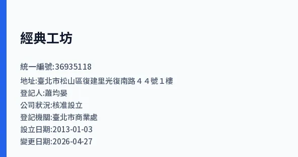經典工坊的照片-統編 36935118(臺北市) 公司登記資料與營業項目詳細圖表