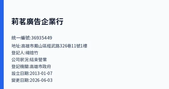 莉茗廣告企業行的照片-統編 36935449(高雄市) 公司登記資料與營業項目詳細圖表