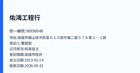 佑鴻工程行的照片-統編 36936046(高雄市) 公司登記資料與營業項目詳細圖表
