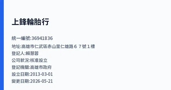 上鋒輪胎行的照片-統編 36941836(高雄市) 公司登記資料與營業項目詳細圖表