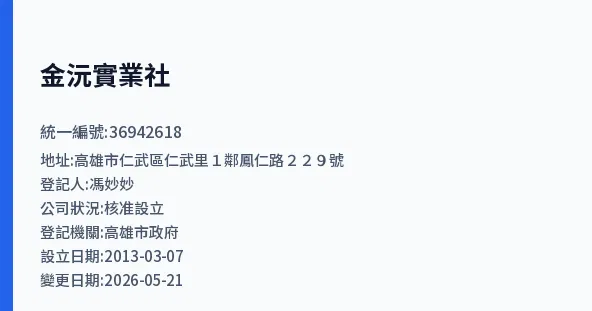 金沅實業社的照片-統編 36942618(高雄市) 公司登記資料與營業項目詳細圖表