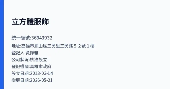 立方體服飾的照片-統編 36943932(高雄市) 公司登記資料與營業項目詳細圖表