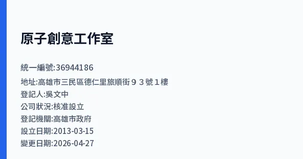 原子創意工作室的照片-統編 36944186(高雄市) 公司登記資料與營業項目詳細圖表
