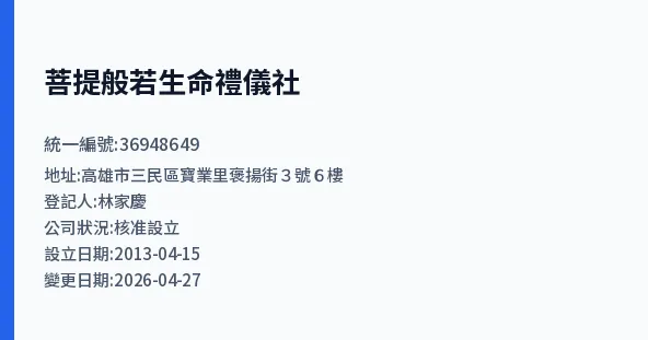 菩提般若生命禮儀社的照片-統編 36948649(高雄市) 公司登記資料與營業項目詳細圖表