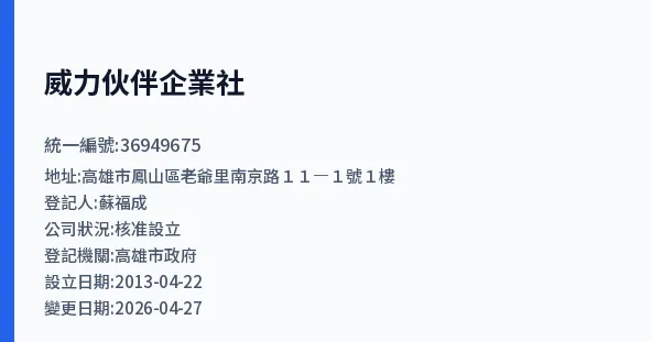 威力伙伴企業社的照片-統編 36949675(高雄市) 公司登記資料與營業項目詳細圖表