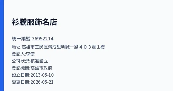 衫騰服飾名店的照片-統編 36952214(高雄市) 公司登記資料與營業項目詳細圖表