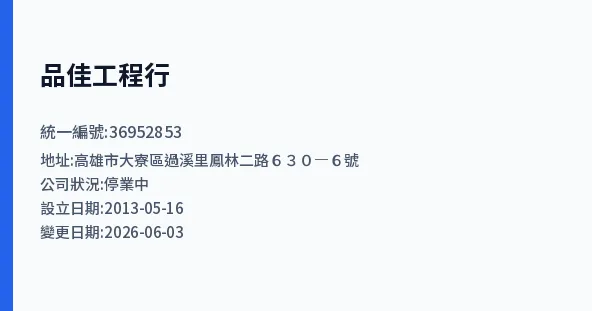品佳工程行的照片-統編 36952853(高雄市) 公司登記資料與營業項目詳細圖表