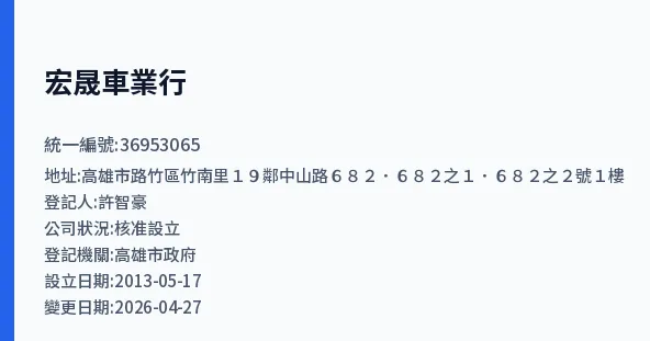 宏晟車業行的照片-統編 36953065(高雄市) 公司登記資料與營業項目詳細圖表