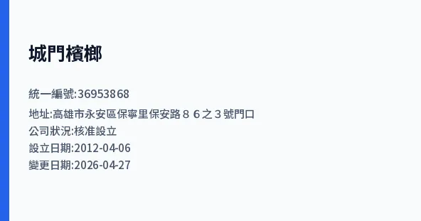 城門檳榔的照片-統編 36953868(高雄市) 公司登記資料與營業項目詳細圖表