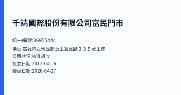 千靖國際股份有限公司富民門市的照片-統編 36955444(高雄市) 公司登記資料與營業項目詳細圖表