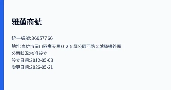 雅蓮商號的照片-統編 36957766(高雄市) 公司登記資料與營業項目詳細圖表