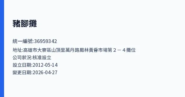 豬腳攤的照片-統編 36959342(高雄市) 公司登記資料與營業項目詳細圖表