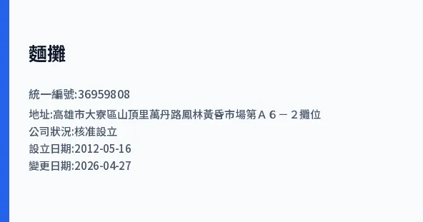 麵攤的照片-統編 36959808(高雄市) 公司登記資料與營業項目詳細圖表
