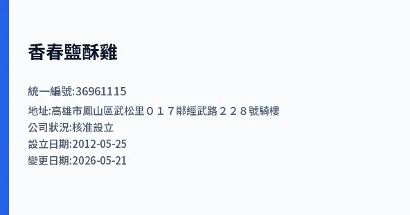 香春鹽酥雞的照片-統編 36961115(高雄市) 公司登記資料與營業項目詳細圖表