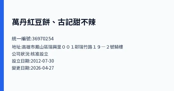 萬丹紅豆餅、古記甜不辣的照片-統編 36970254(高雄市) 公司登記資料與營業項目詳細圖表