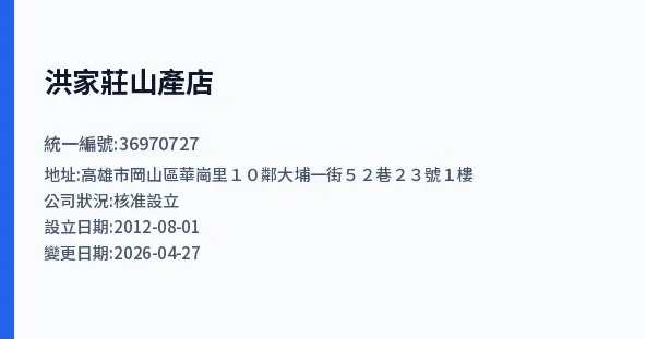 洪家莊山產店的照片-統編 36970727(高雄市) 公司登記資料與營業項目詳細圖表