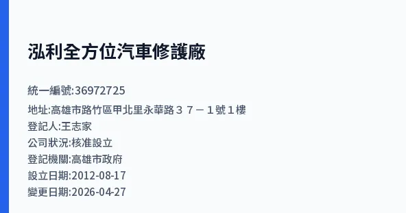 泓利全方位汽車修護廠的照片-統編 36972725(高雄市) 公司登記資料與營業項目詳細圖表