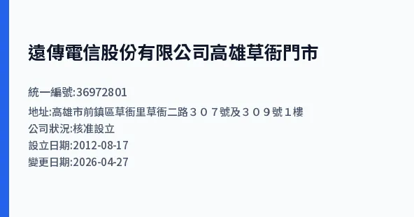 遠傳電信股份有限公司高雄草衙門市的照片-統編 36972801(高雄市) 公司登記資料與營業項目詳細圖表