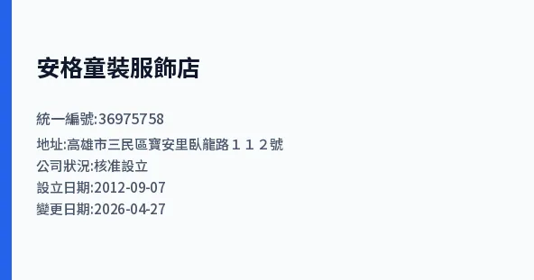 安格童裝服飾店的照片-統編 36975758(高雄市) 公司登記資料與營業項目詳細圖表