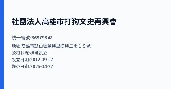 社團法人高雄市打狗文史再興會的照片-統編 36979348(高雄市) 公司登記資料與營業項目詳細圖表