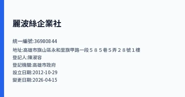 麗波絲企業社的照片-統編 36980844(高雄市) 公司登記資料與營業項目詳細圖表