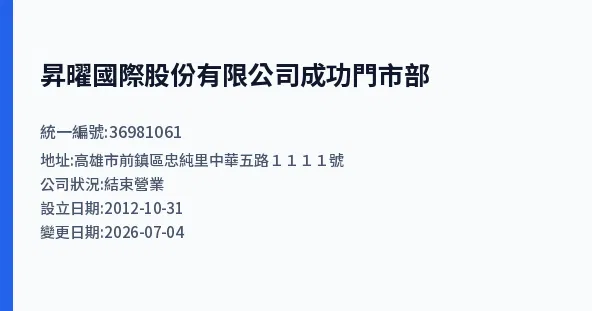 昇曜國際股份有限公司成功門市部的照片-統編 36981061(高雄市) 公司登記資料與營業項目詳細圖表