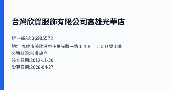 台灣欣賀服飾有限公司高雄光華店的照片-統編 36985572(高雄市) 公司登記資料與營業項目詳細圖表