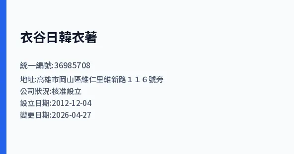 衣谷日韓衣著的照片-統編 36985708(高雄市) 公司登記資料與營業項目詳細圖表