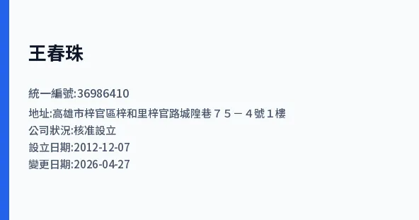 王春珠的照片-統編 36986410(高雄市) 公司登記資料與營業項目詳細圖表