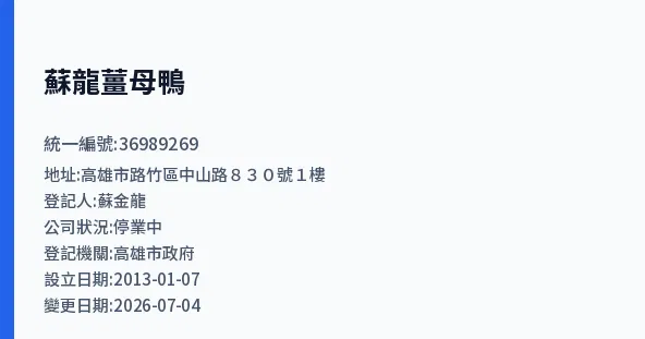 蘇龍薑母鴨的照片-統編 36989269(高雄市) 公司登記資料與營業項目詳細圖表