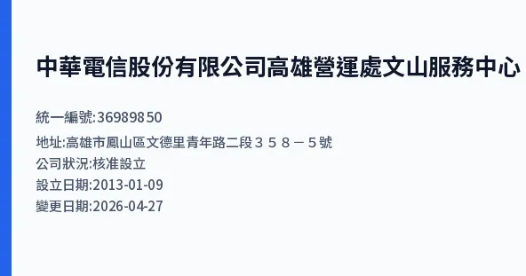 中華電信股份有限公司高雄營運處文山服務中心的照片-統編 36989850(高雄市) 公司登記資料與營業項目詳細圖表
