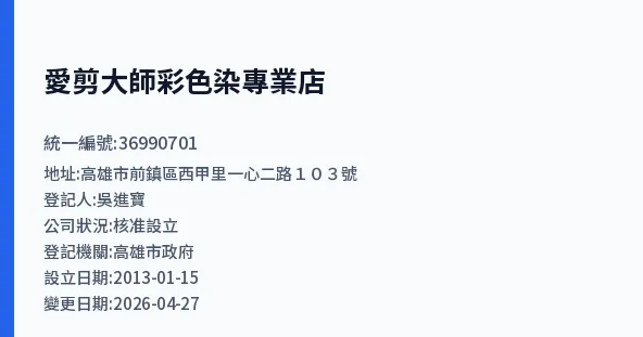 愛剪大師彩色染專業店的照片-統編 36990701(高雄市) 公司登記資料與營業項目詳細圖表