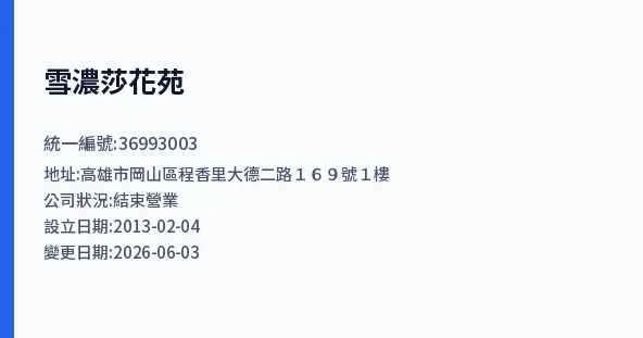 雪濃莎花苑的照片-統編 36993003(高雄市) 公司登記資料與營業項目詳細圖表