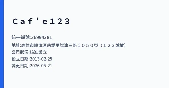 Caf'e123的照片-統編 36994381(高雄市) 公司登記資料與營業項目詳細圖表