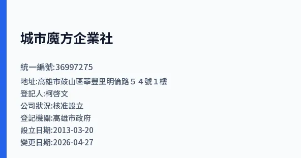 城市魔方企業社的照片-統編 36997275(高雄市) 公司登記資料與營業項目詳細圖表