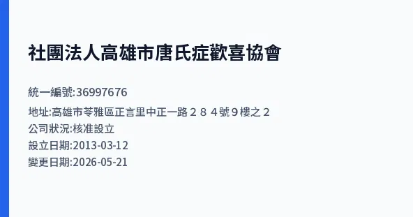 社團法人高雄市唐氏症歡喜協會的照片-統編 36997676(高雄市) 公司登記資料與營業項目詳細圖表